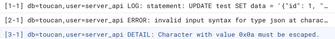 Postgres update query fails when data contains newline character \n ...