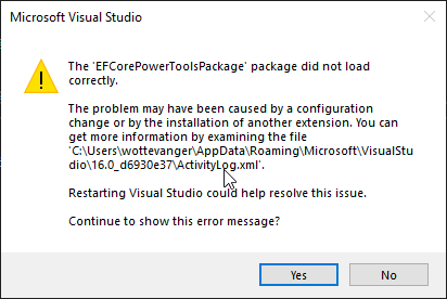 The 'EFCorePowerToolsPackage' package did not load correctly
