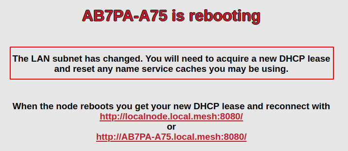 Reboot msg always shows LAN subnet changed · Issue #267 · aredn/aredn · GitHub
