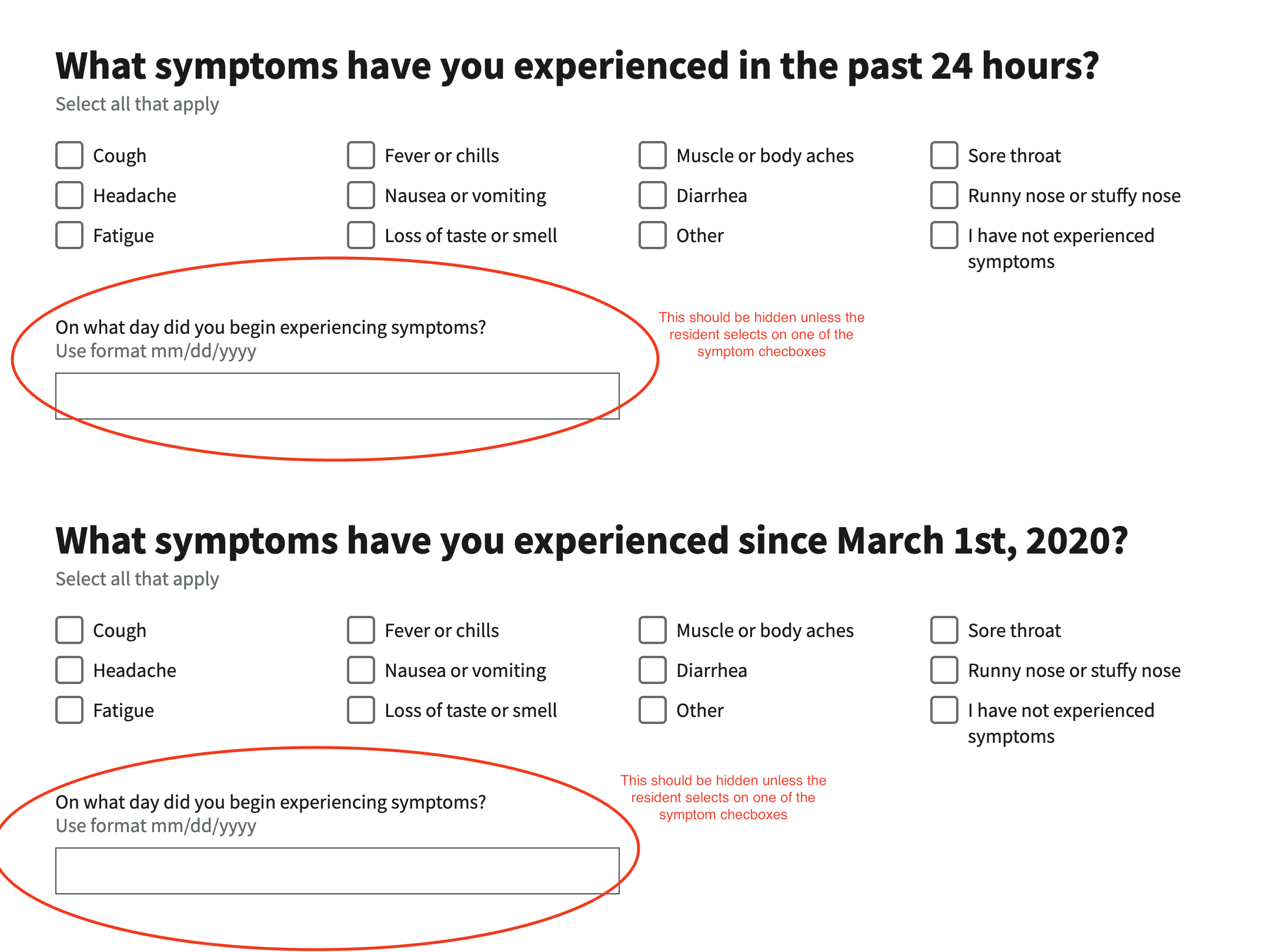 Hide symptom onset questions unless symptoms are selected · Issue #3 ...