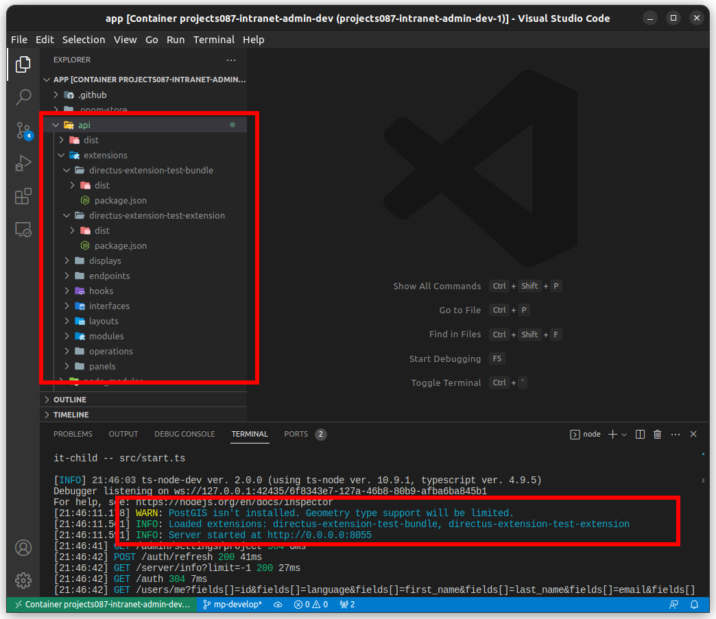 In dev mode, extensions are apparently loaded, but they don't show up in admin panel / settings ...