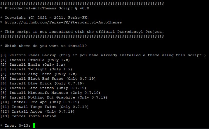 GitHub - Ferks-FK/Pterodactyl-AutoThemes: Themes Installation Script for Pterodactyl 0.7 and 1.x