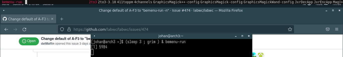 Change default of A-F3 to "bemenu-run -n" · Issue #474 · labwc/labwc · GitHub