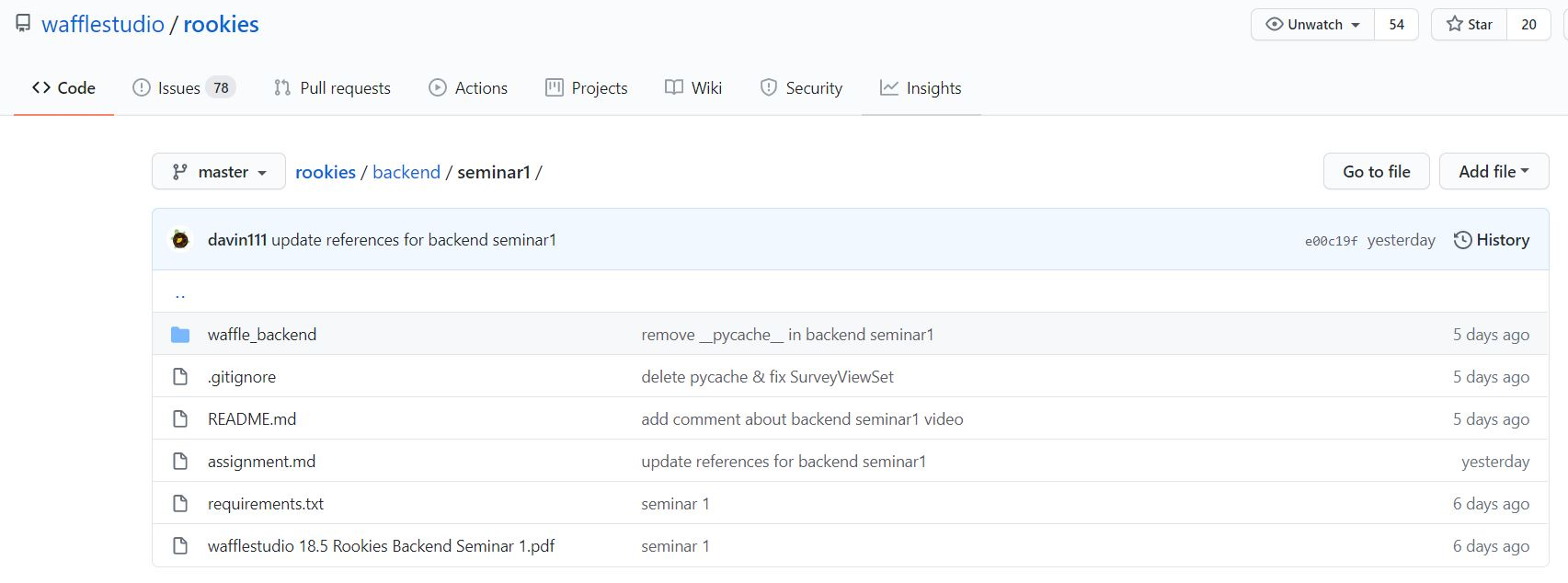 Github repo의 하위폴더만 다운로드 or 복사 방법 질문 · Issue #145 · wafflestudio/seminar-2020 · GitHub
