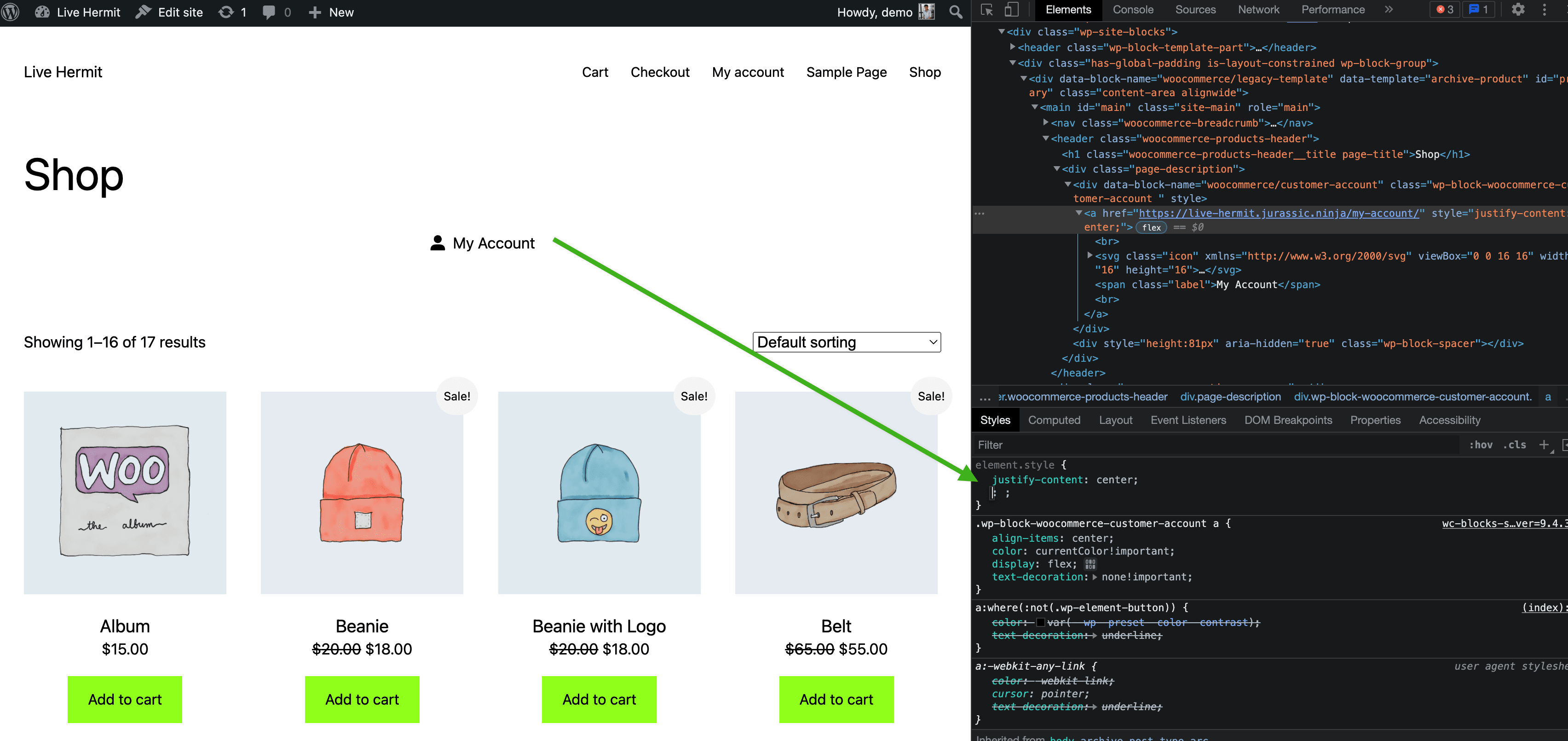 Customer Account Block: Center Align doesn't work · Issue #8412 · woocommerce/woocommerce-blocks ...