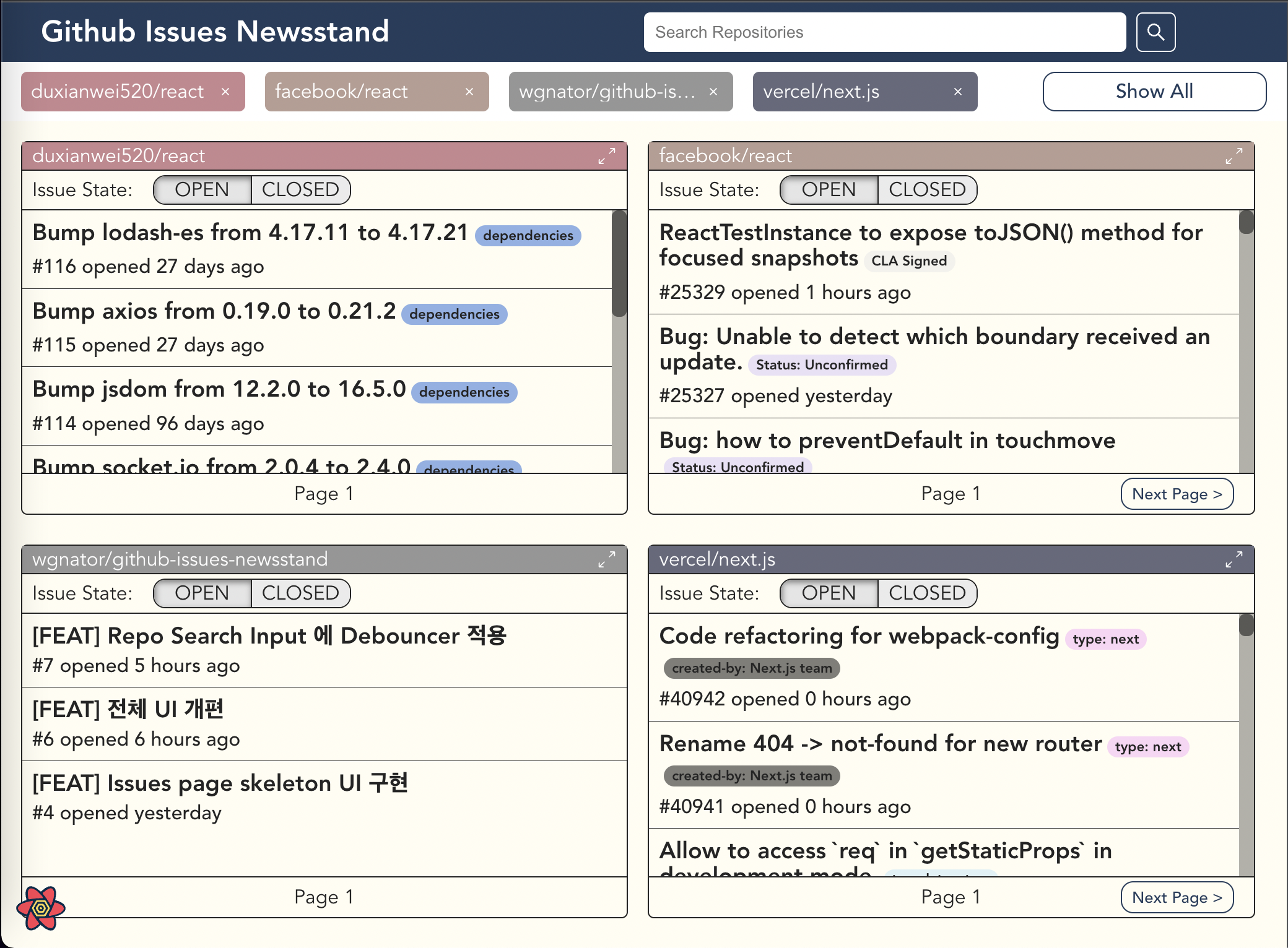GitHub - wgnator/github-issues-newsstand: Search and subscribe to github repositories and see ...