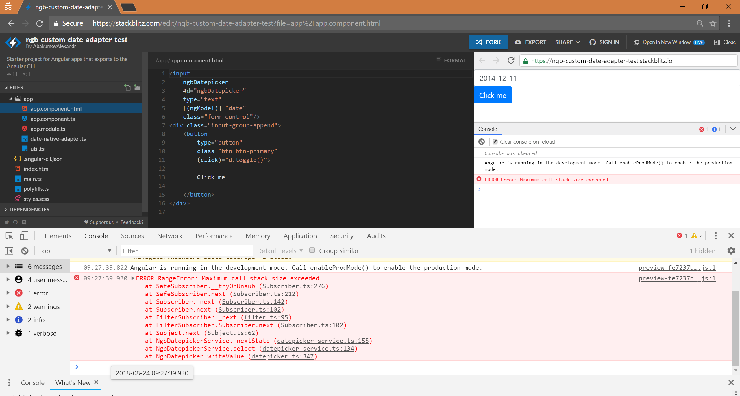 Stack overflow exception when implementing a custom NgbDateAdapter · Issue #2634 · ng-bootstrap ...