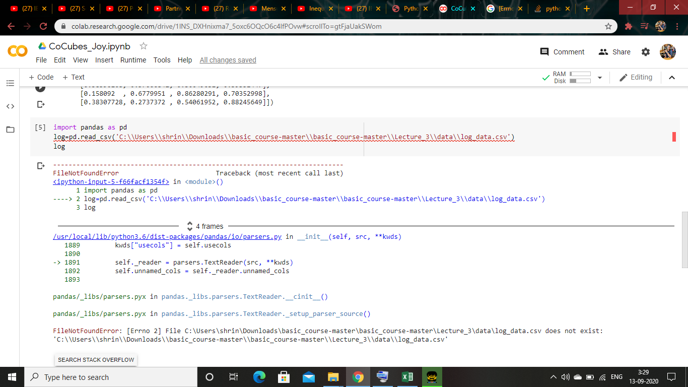Error While Reading The CSV In Jupyter Notebook Via Pandas