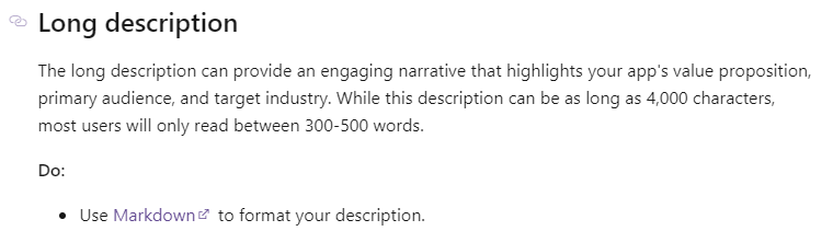 Long Description formatting with given markdown options are not working ...