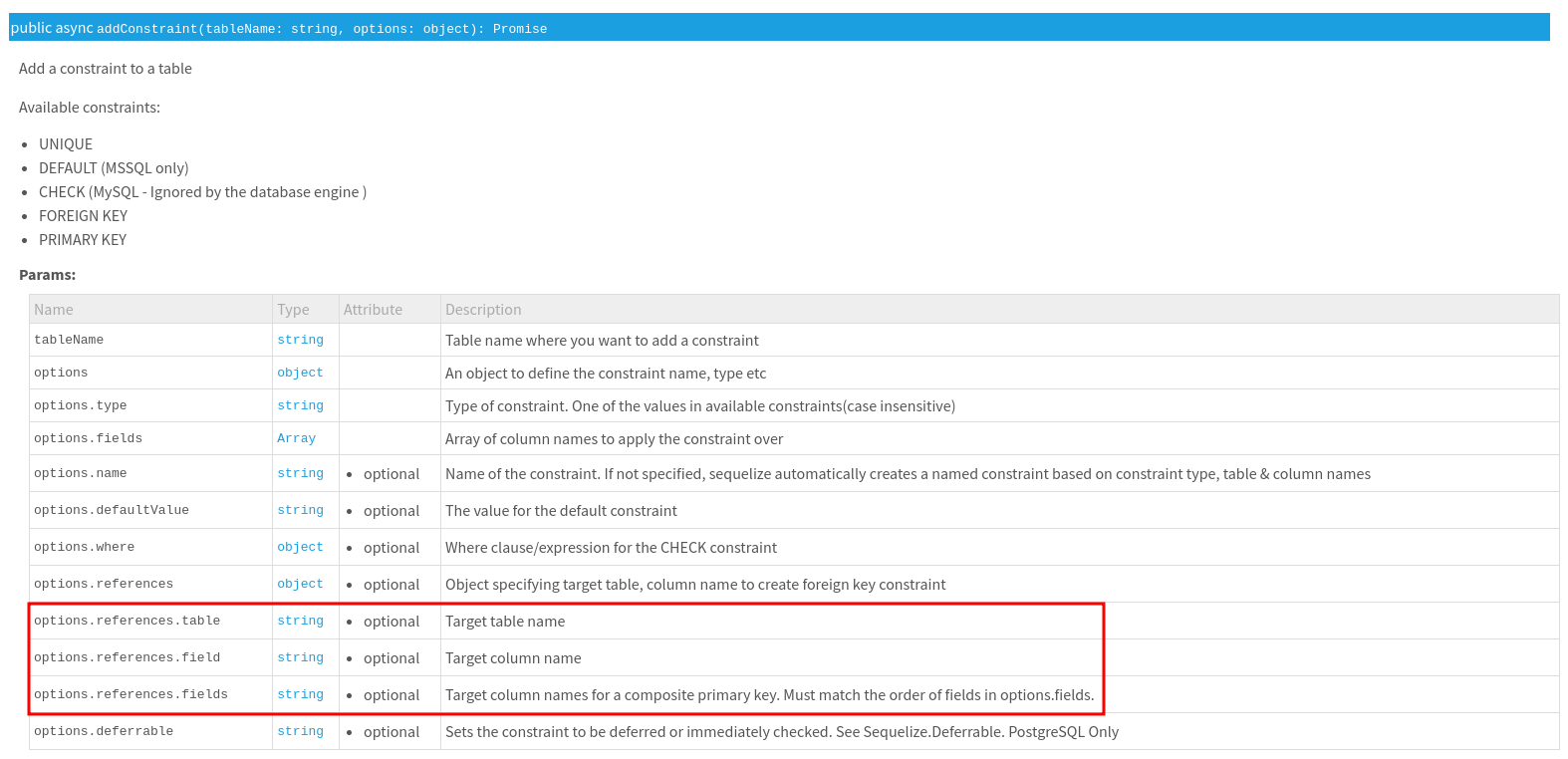 AddForeignKeyConstraintOptions interface is incomplete (QueryInterface.addConstraint method ...