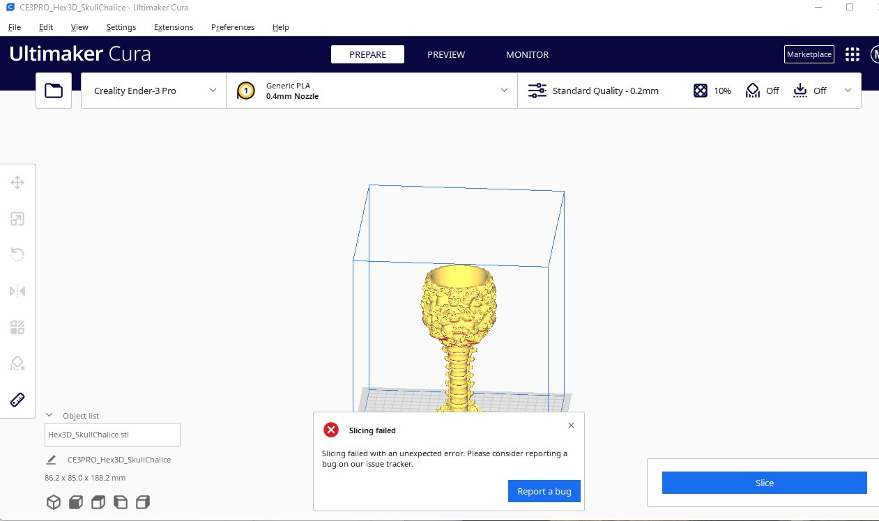Will not slice; slicing failed · Issue #13418 · Ultimaker/Cura · GitHub