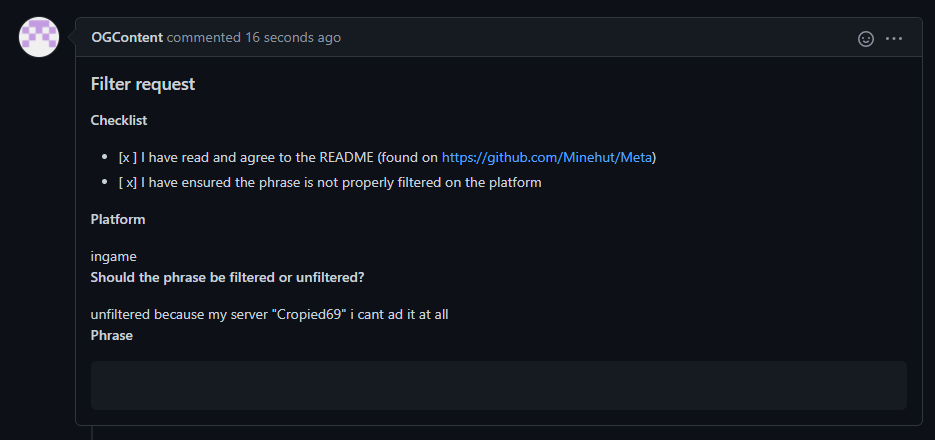 Filter request · Issue #584 · Minehut/Meta · GitHub