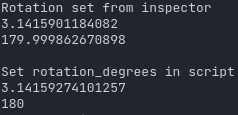 Setting Rotation in inspector is inconsistent with setting it using rotation_degrees in a script ...