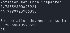 Setting Rotation in inspector is inconsistent with setting it using rotation_degrees in a script ...
