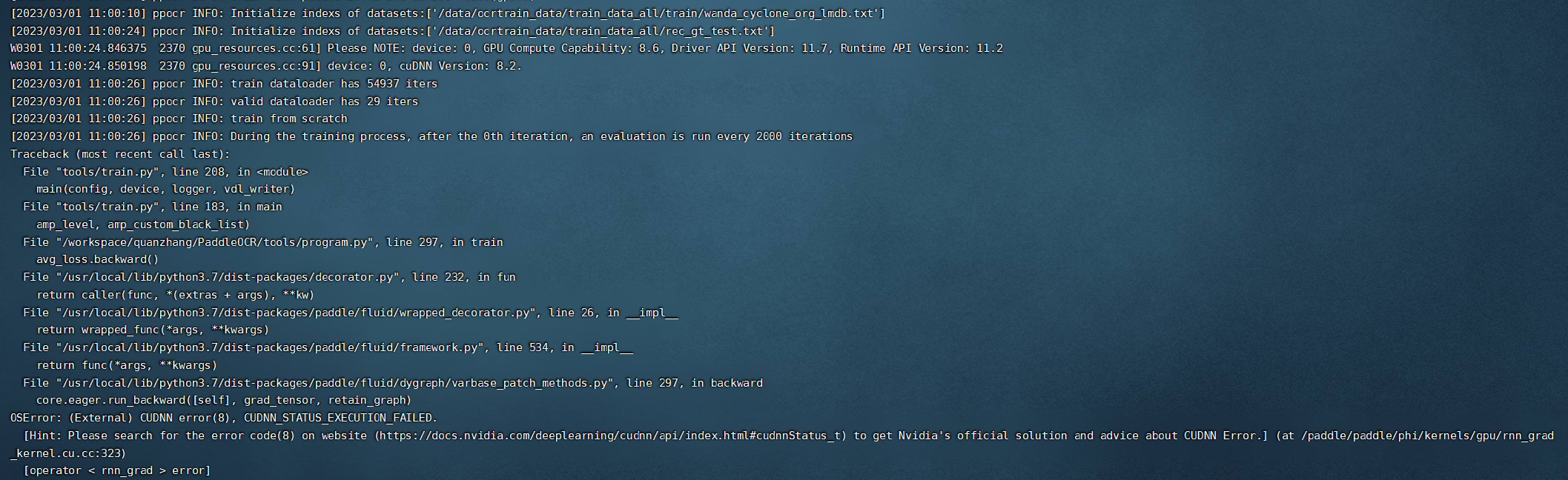 文本识别训练报错:oserror External Cudnn Error 8 Cudnn Status Execution Failed · Issue 9258
