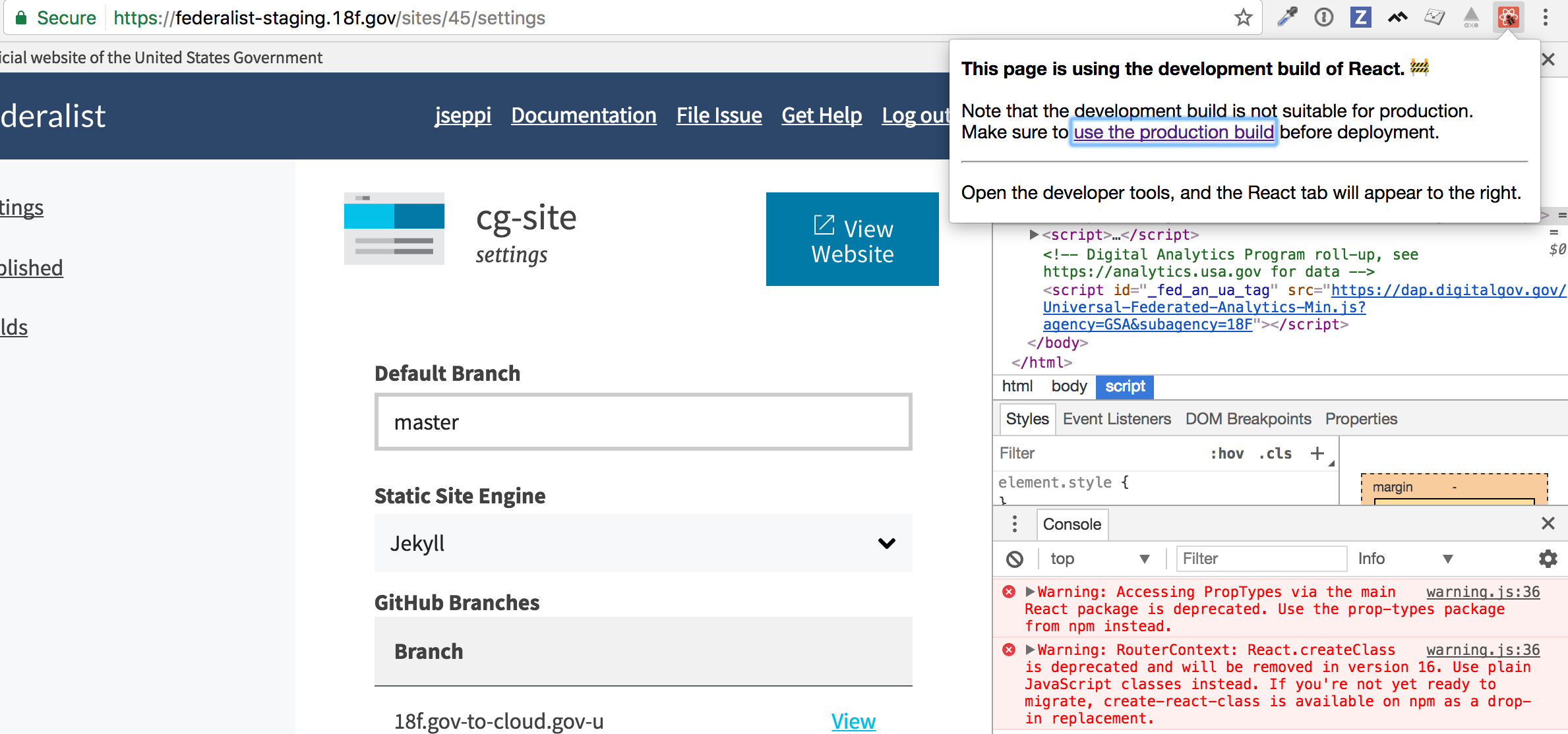 federalist.18f.gov is using the development build of React. · Issue ...