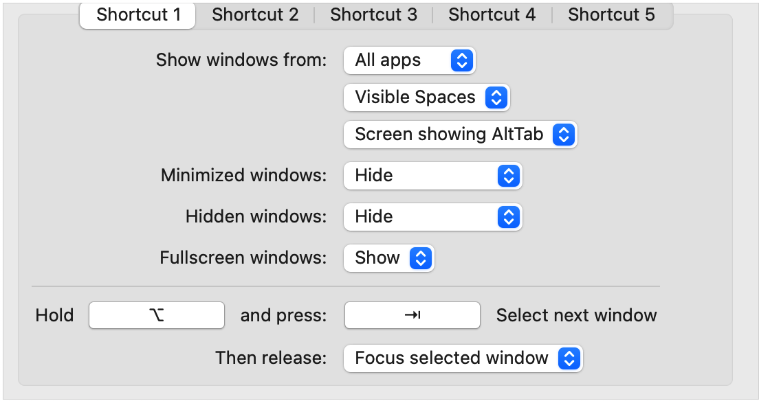 Alt Tab usage/configuration question: Show only active windows in the current space instead of ...