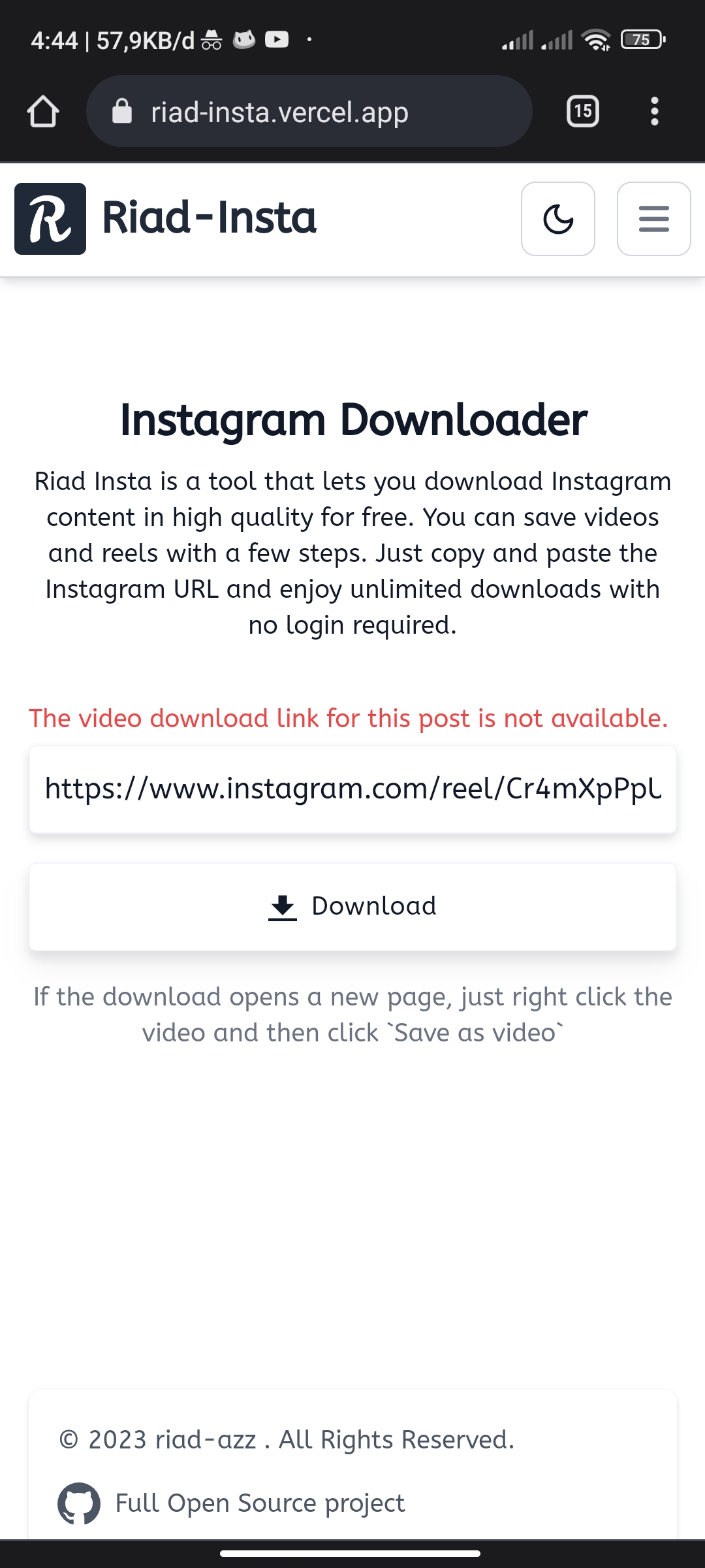 Always return "The video download link for this post is not available ...