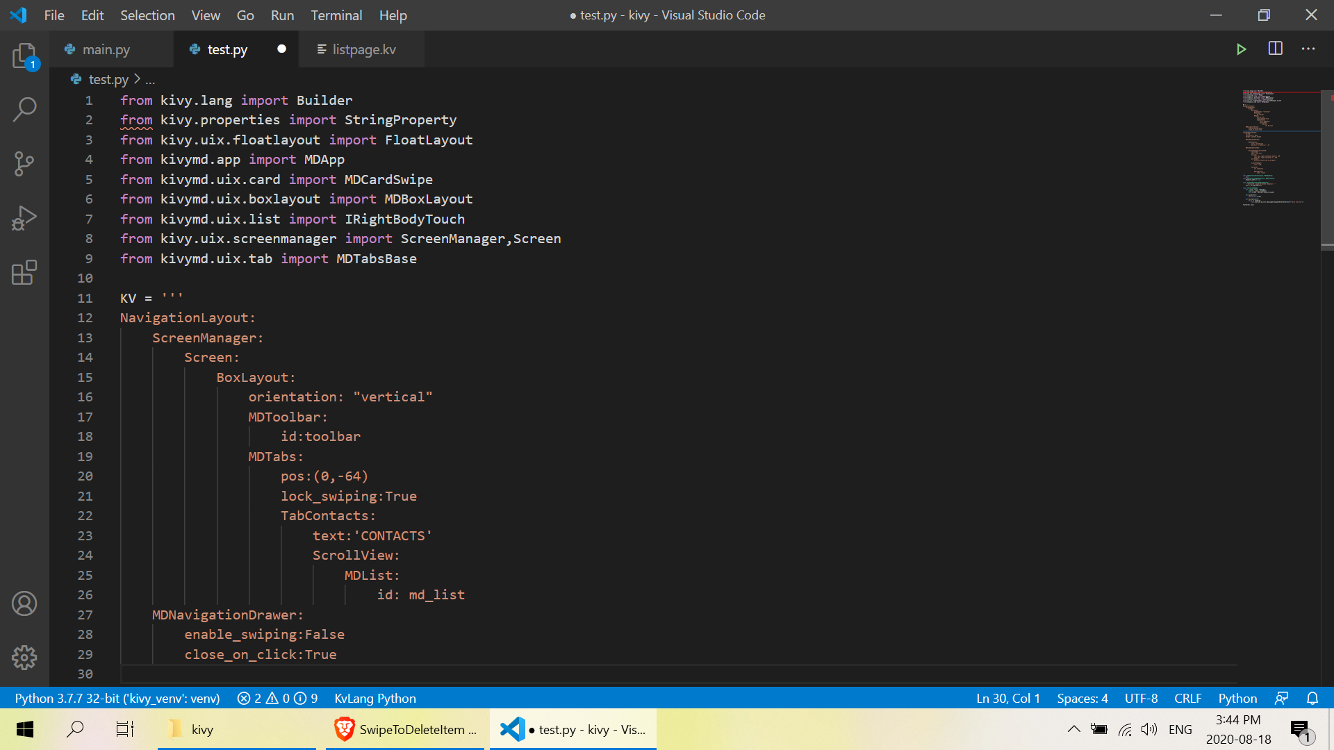 KIVYMD: SwipeToDeleteItem does not work under MDTabs · Issue #467 · kivymd/KivyMD · GitHub