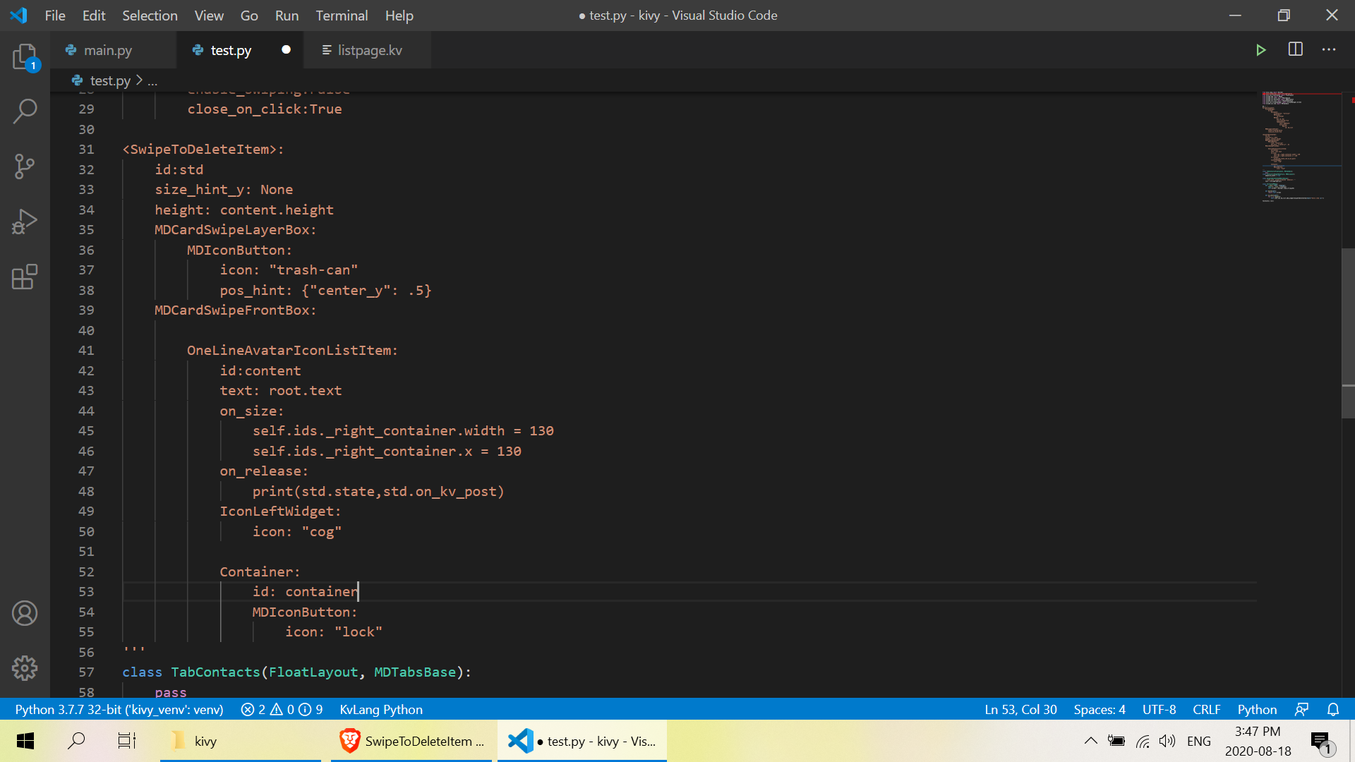 KIVYMD: SwipeToDeleteItem does not work under MDTabs · Issue #467 · kivymd/KivyMD · GitHub