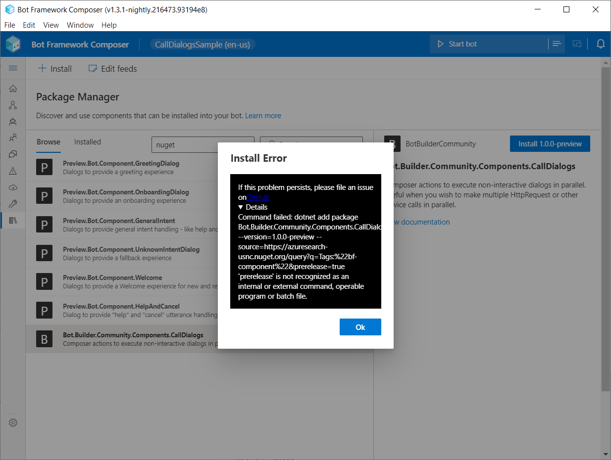 Failing to install prerelease packages · Issue #5919 · microsoft/BotFramework-Composer · GitHub