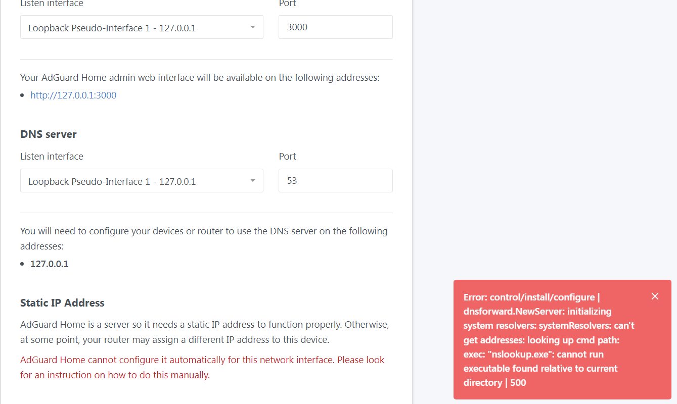 Error: control/install/configure | dnsforward.NewServer: initializing system resolvers ...