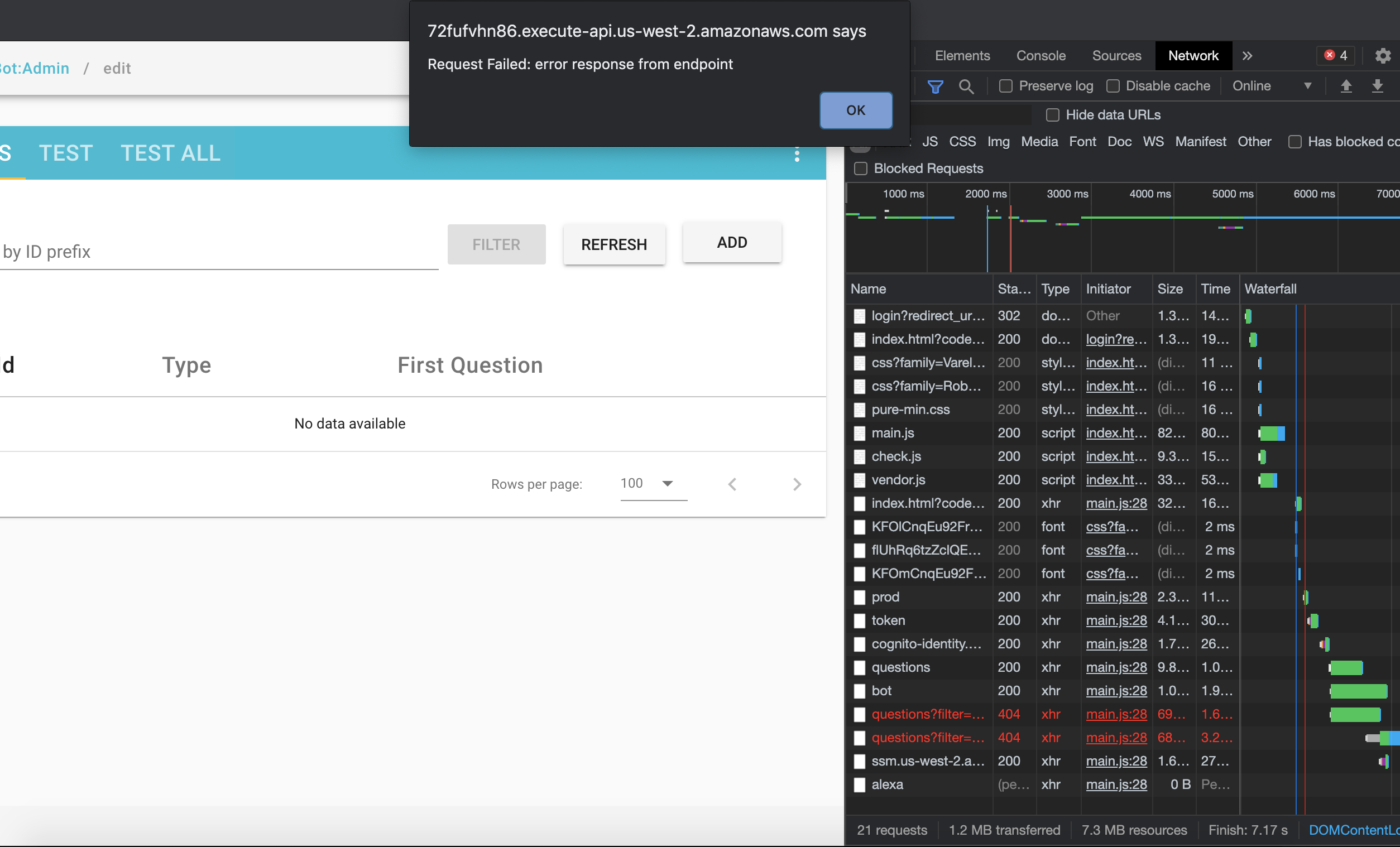 Lex Bot rebuild throws error on first launch: Request Failed: error response from endpoint ...