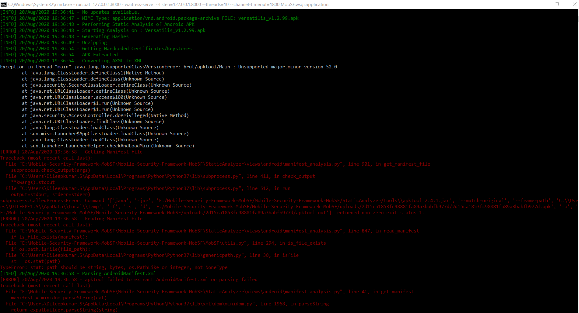 Getting Error After Uploading Apk · Issue 1204 · Mobsfmobile Security Framework Mobsf · Github