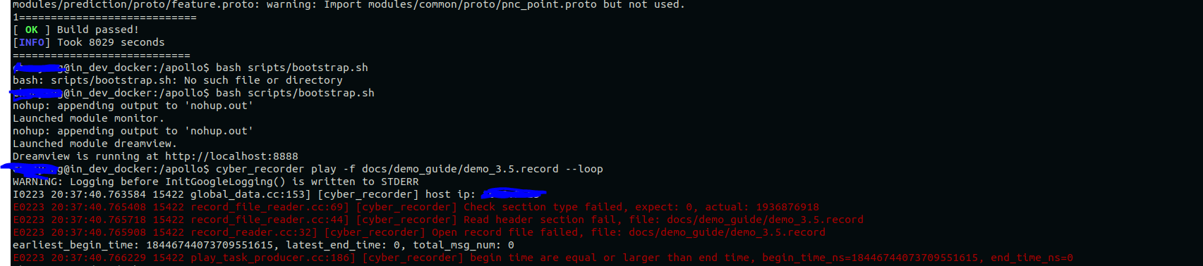 Apollo 3.5 'cyber_recorder play -f docs/demo_guide/demo_3.5.record --loop' error dreamviewer ...