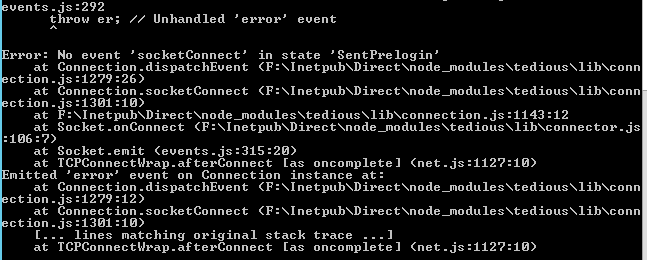 No event 'socketConnect' in state 'SentPrelogin' · Issue #1263 · tediousjs/tedious · GitHub