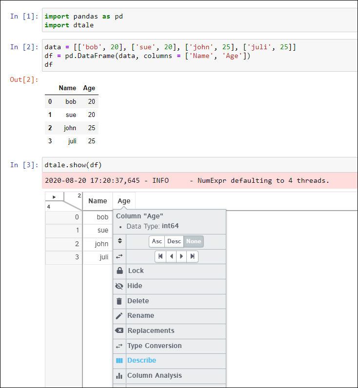Describe shows proper values, but repeats 'Total Rows:' heading instead of proper headings ...