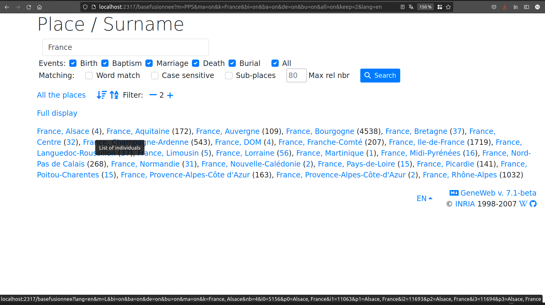 [BUG] Why no list of individuals for all places ? · Issue #1611 · geneweb/geneweb · GitHub