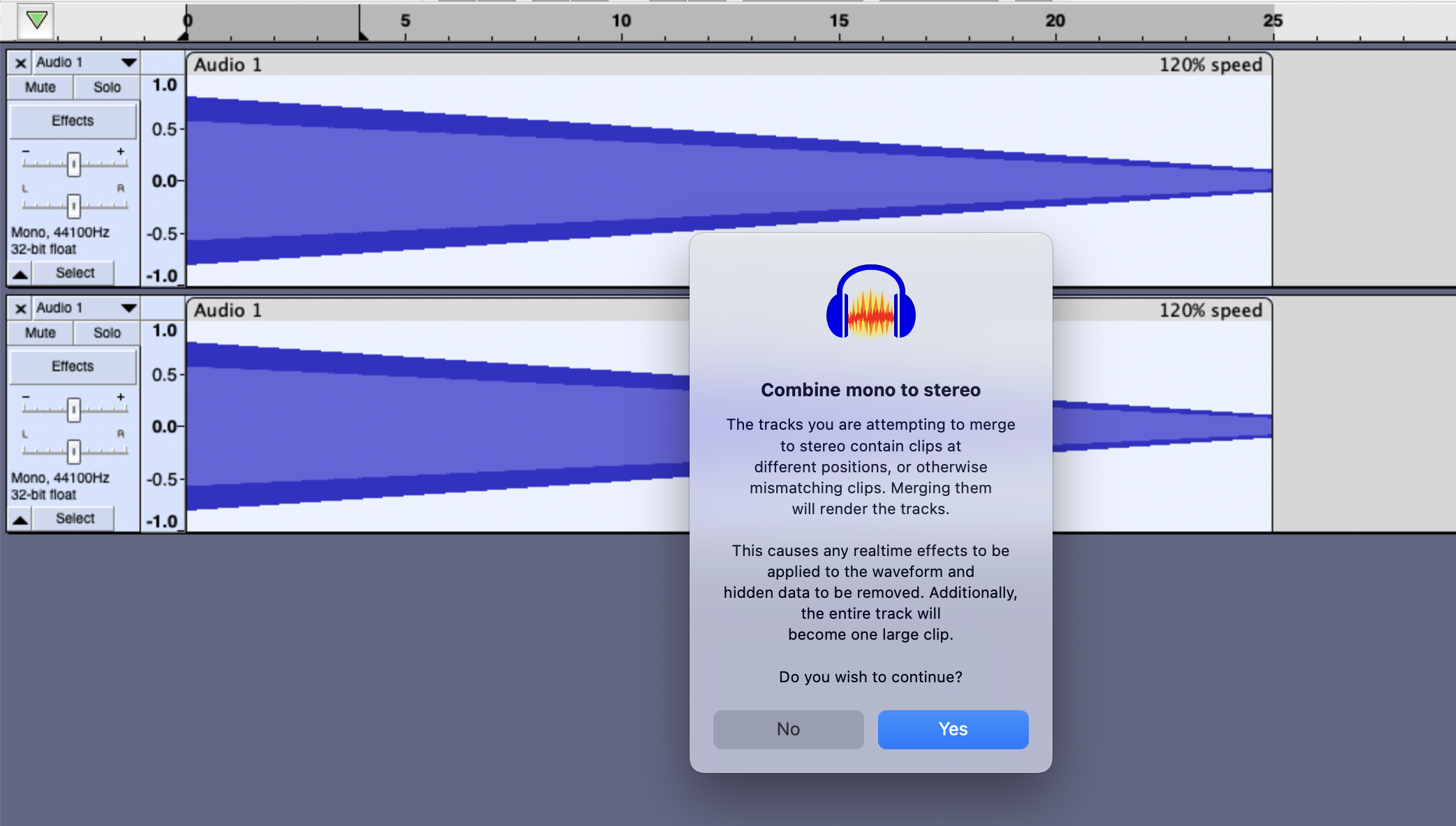 Unnecessary warning message when merging two identical stretched (or trimmed) mono tracks to ...