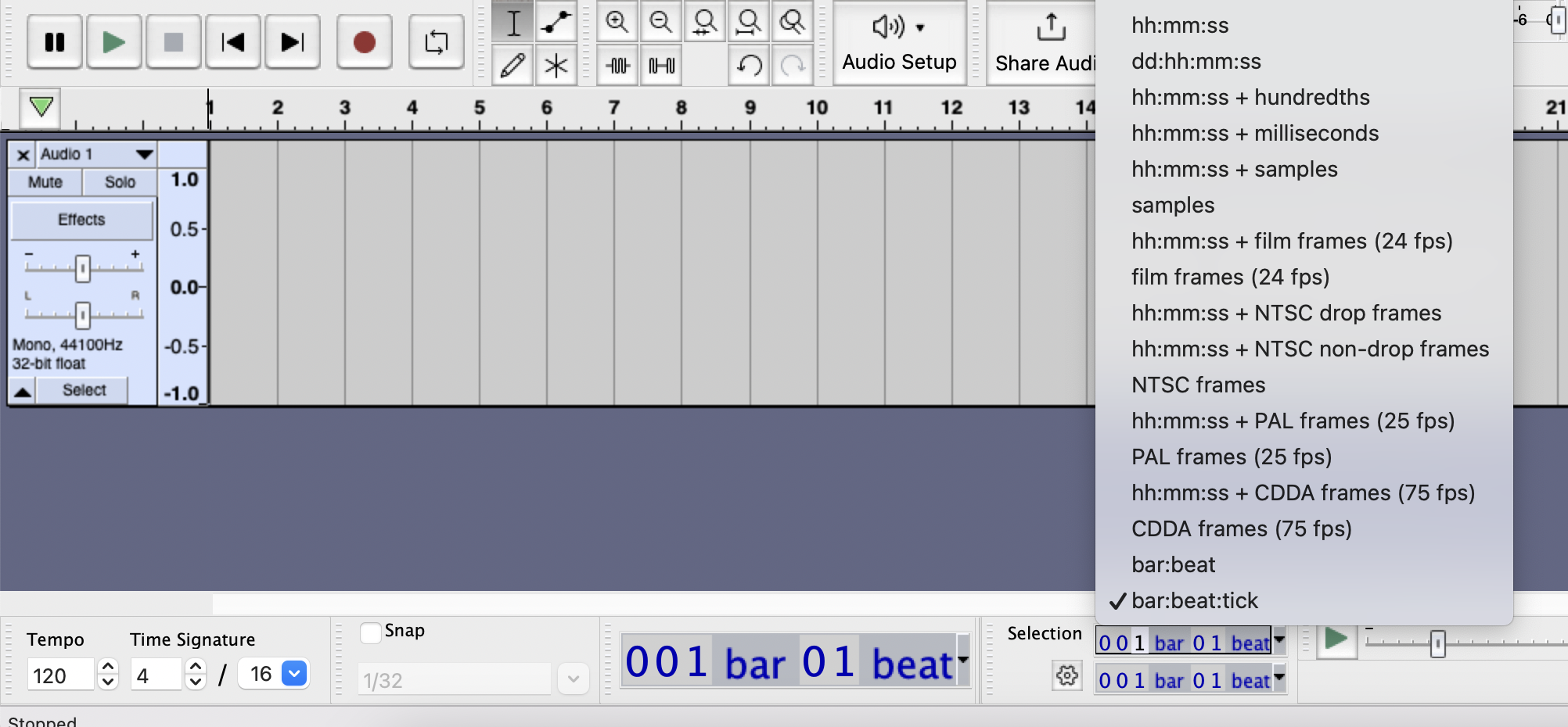 When Lower Time Signature Is 16 Or 32 Or 64 Tick Isnt Displayed In Time And Selection Toolbars