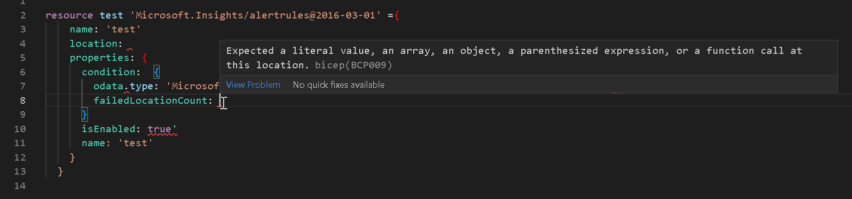 Alert Rules + Autocomplete produces invalid syntax · Issue #7866 · Azure/bicep · GitHub