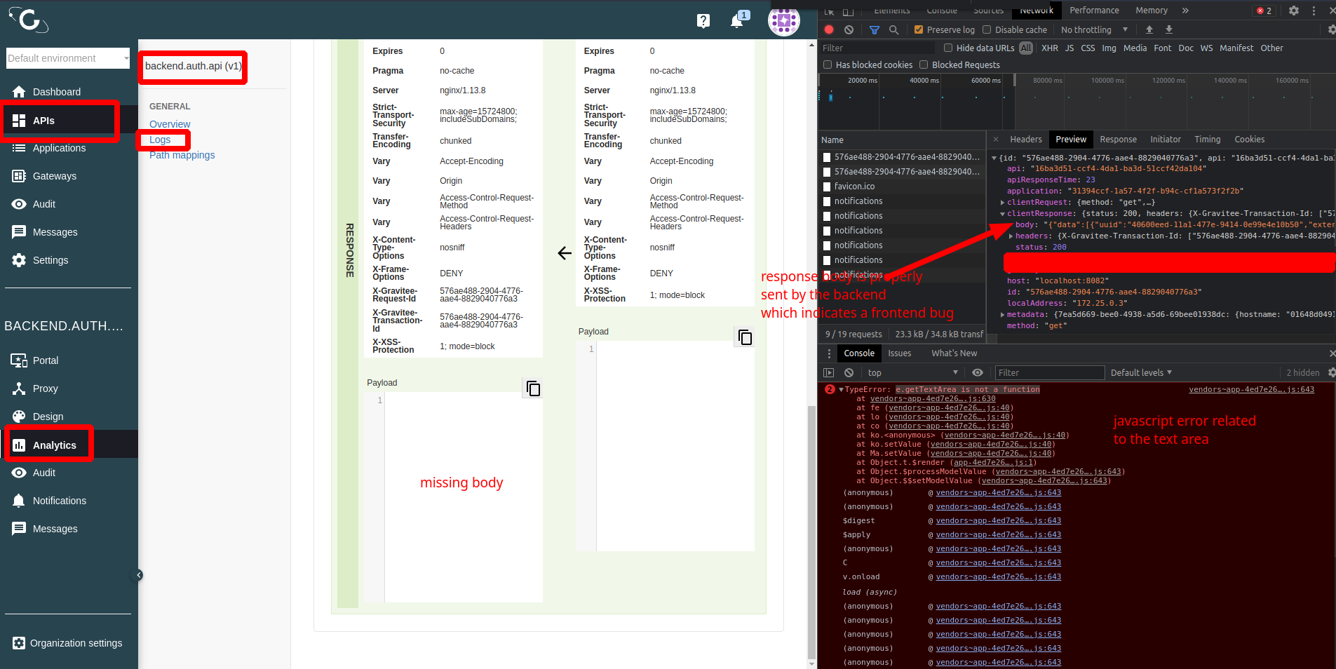 [managment] API Analytics response payload not displayed, fails with javascript error e ...