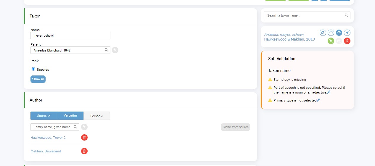 [Bug]: Edit taxon name- Persons- Clone from Source: Author order for taxon name does not match ...