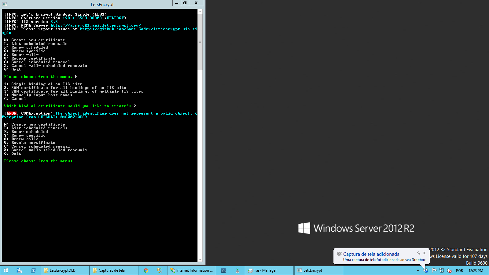 The object identifier does not represent a valid object · Issue #697 · win-acme/win-acme · GitHub