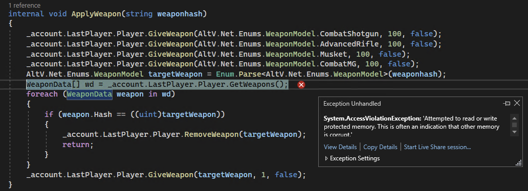 C# IPlayer.GetWeapons() behaving wierd · Issue #1663 · altmp/altv-issues · GitHub