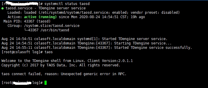 启动服务后，使用taos命令连接终端报错:taos connect failed,reason:Unexpected generic error in RPC · Issue #3219 ...