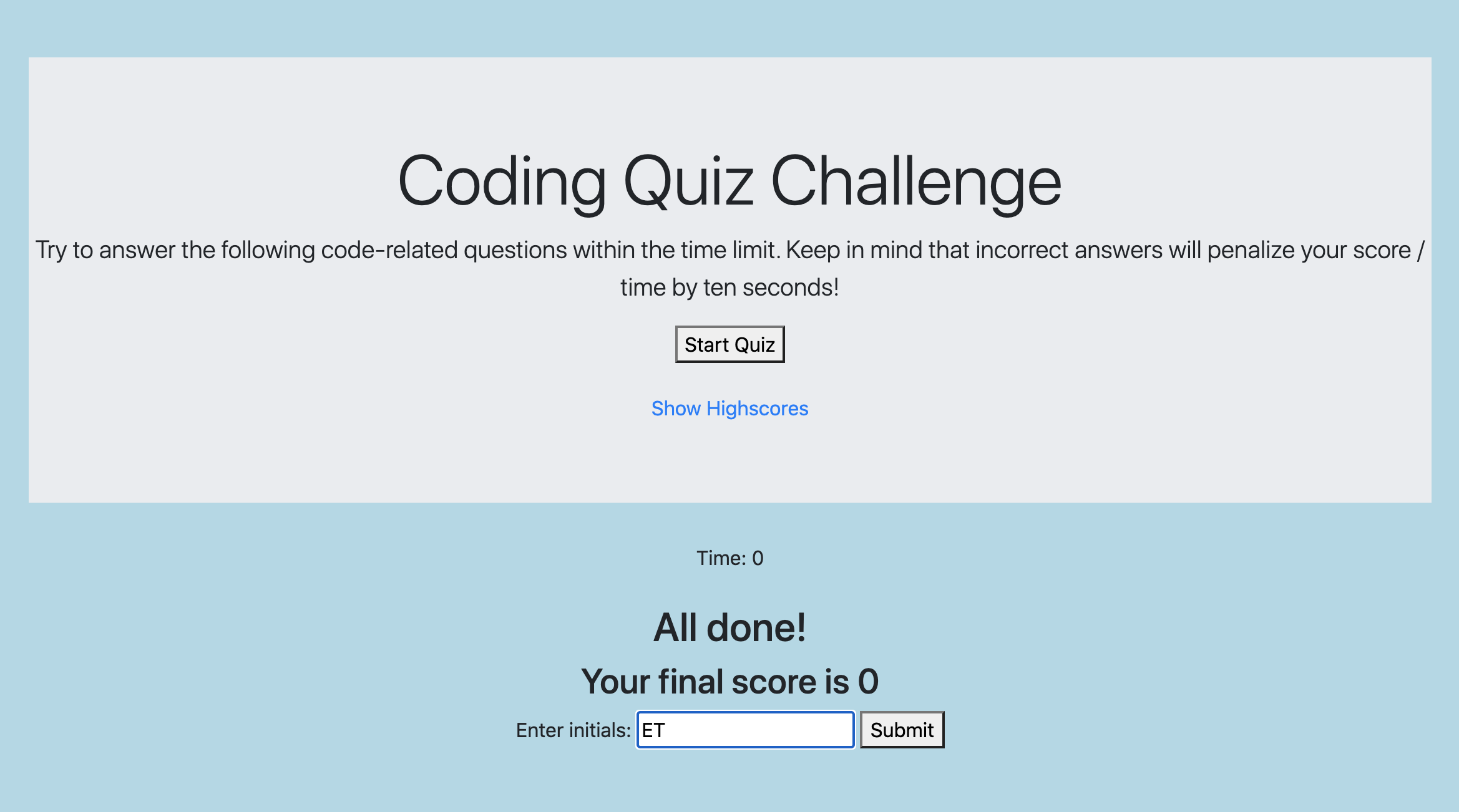 GitHub - ebsizzlin/CodeQuiz: Timed Quiz on Basic Coding made in UNC's Coding Bootcamp.