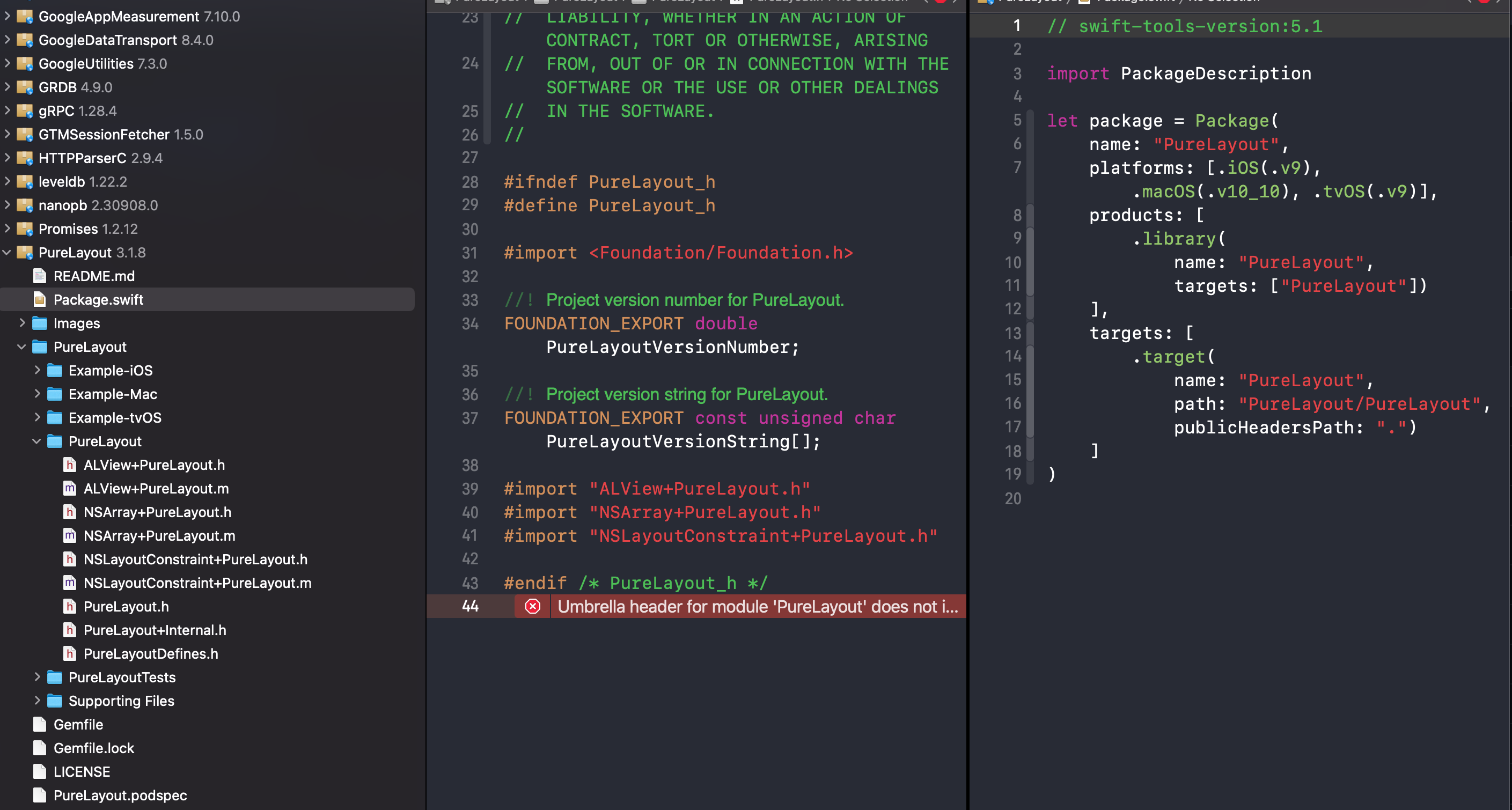 SPM: Xcode 12.5 Swift 5.4: Umbrella header for module 'PureLayout' does not include header ...