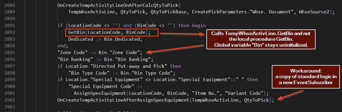 Bug in codeunit 7312 "Create Pick": wrong "GetBin" procedure is called because of "with ...