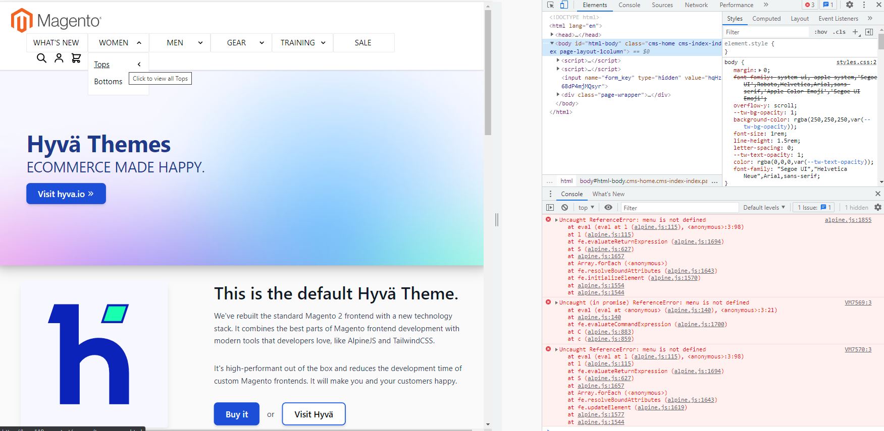 Default Magento 2.4.3-p1 demo store with sample data, Hyva 1.1.9 ...