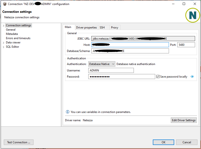 Netezza Database name remains the same when the Connections Settings ...