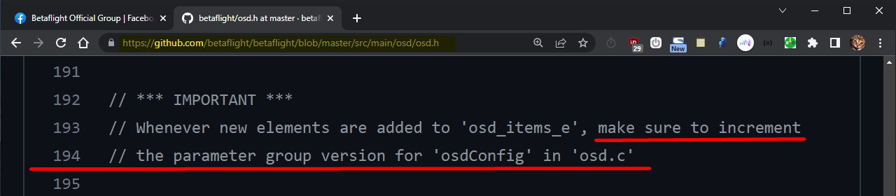 [ Adding new OSD Elements ] where or what "the parameter group version for 'osdConfig' in 'osd.c ...