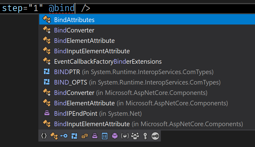 Incorrect Intellisense when using "@bind" in a .razor file · Issue #5206 · dotnet/razor · GitHub