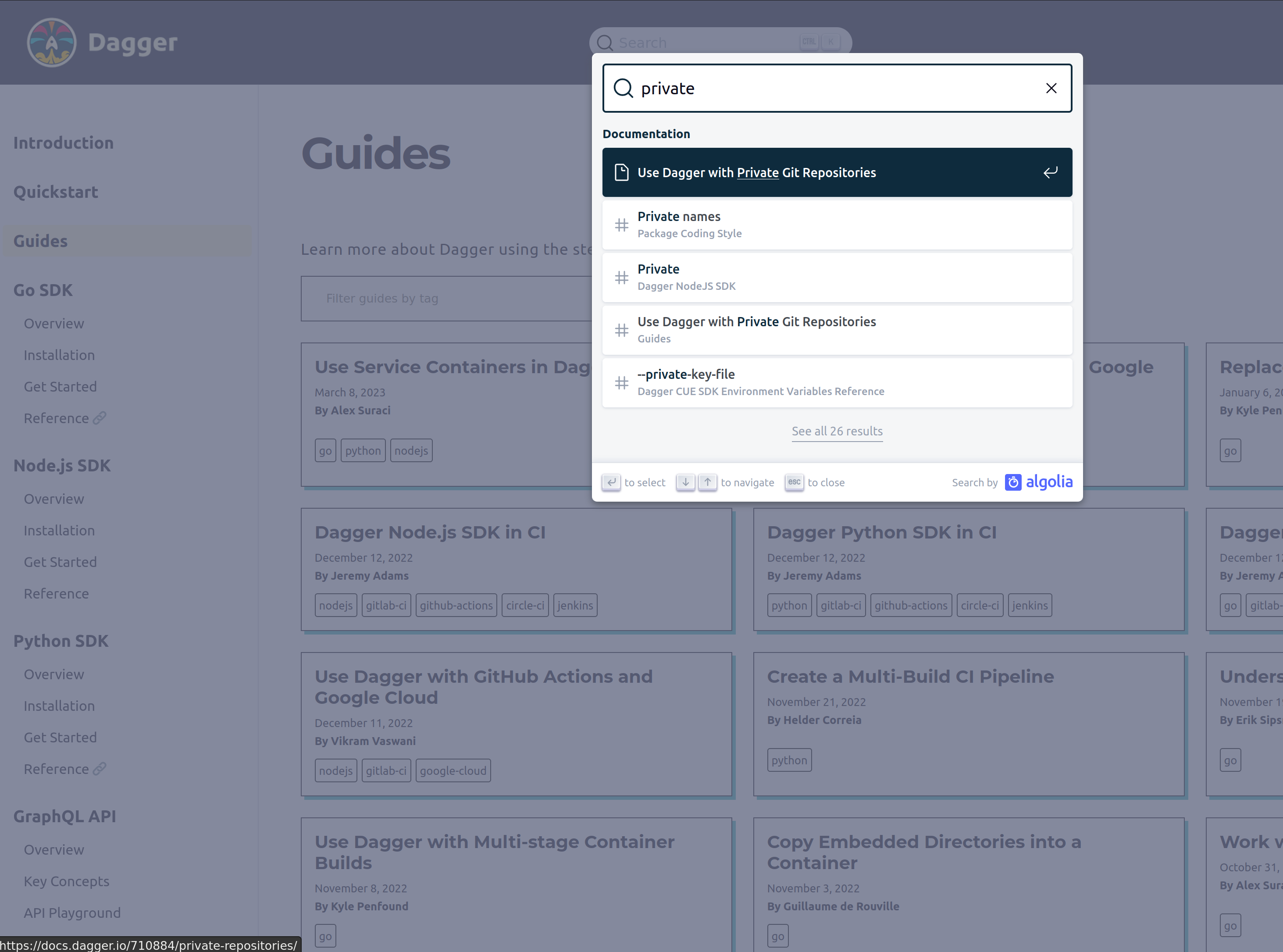 [Docs] Guides search is broken in Algolia · Issue #4759 · dagger/dagger · GitHub