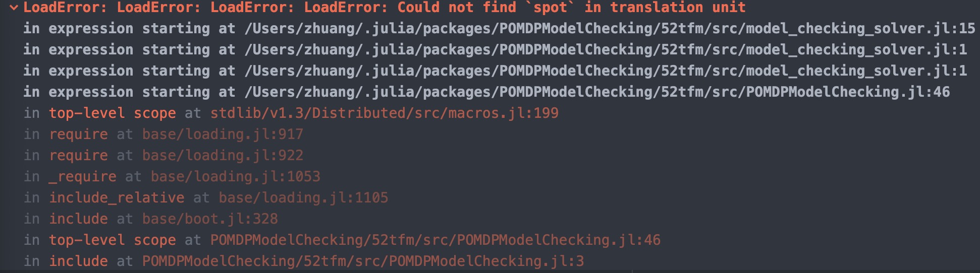 UndefVarError: spot not defined · Issue #12 · sisl/POMDPModelChecking.jl · GitHub