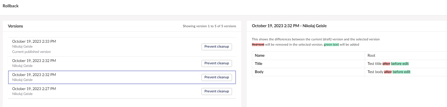 Umbraco change logs in Rollback section are incorrect · Issue #15008 · umbraco/Umbraco-CMS · GitHub